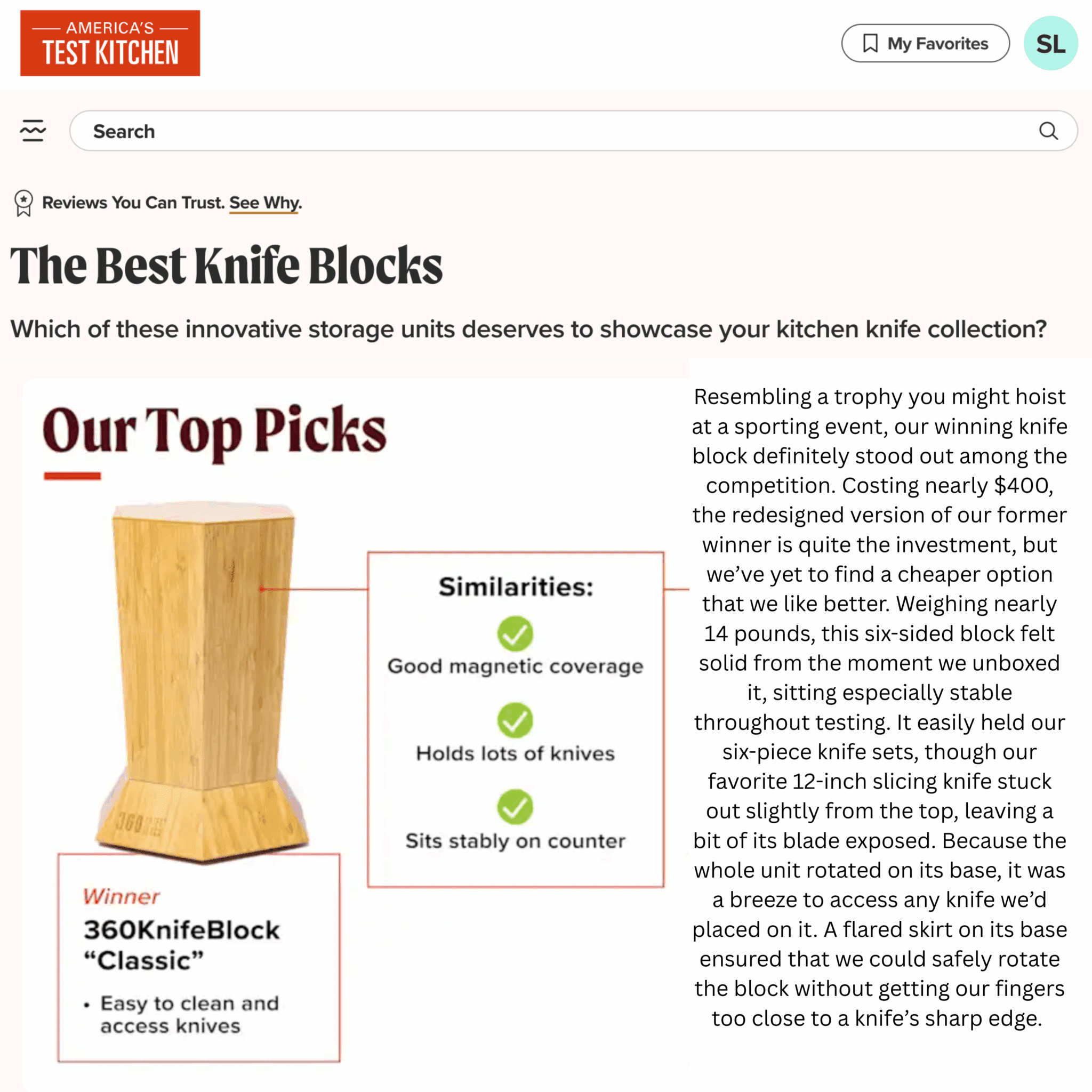 America’s Test Kitchen – The Best Knife Blocks - 360 Knife Block